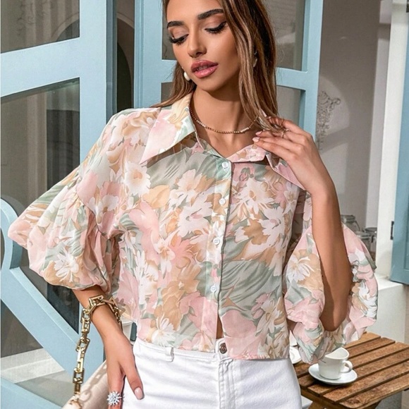 Rebellious Rose | Tops | Floral Print Lantern Sleeve Button Front Shirt ...